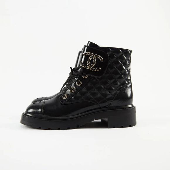 CHANEL | Shoes | Chanel 2a Shiny Patent Quilted Gold Cc Chain Ankle ...